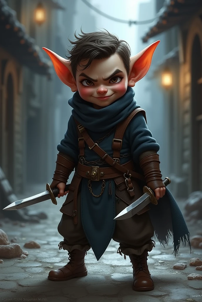 A halfling rogue who uses two daggers, has a sarcastic smile on his ...
