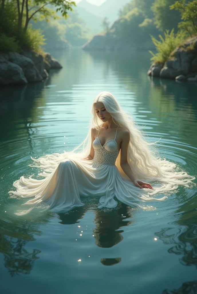 An angle with white hair and with goddess outfit, laying on a river ...