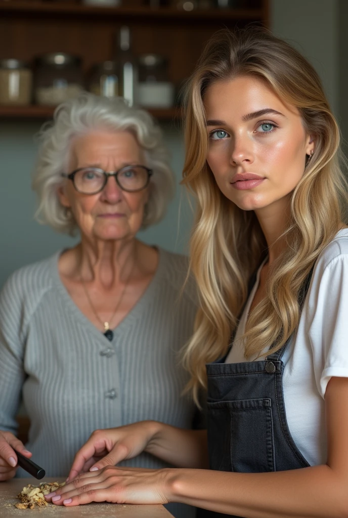 Create a realistic image of a 20 year old woman, long blond hair ...