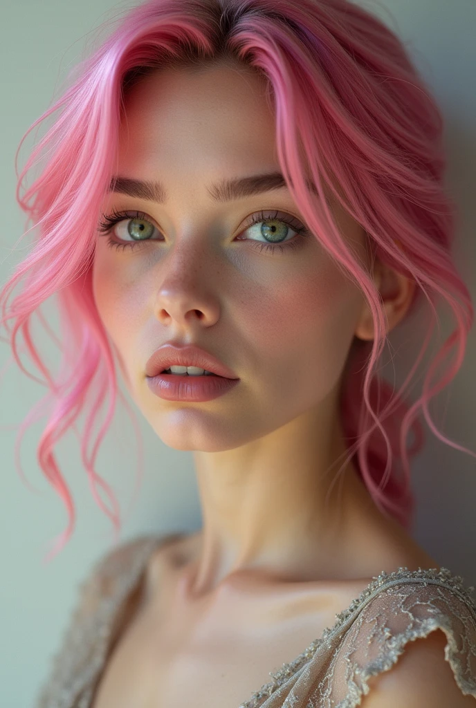 Portrait of pink hair, green eyes, beautiful face, 30 years old - SeaArt AI