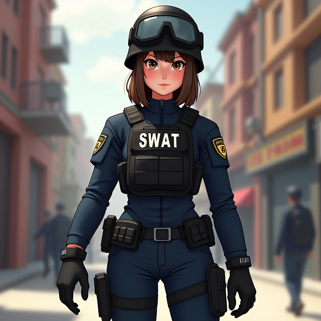Girl, Swat officer, Dark navy uniform, thick black bullet vest - SeaArt AI
