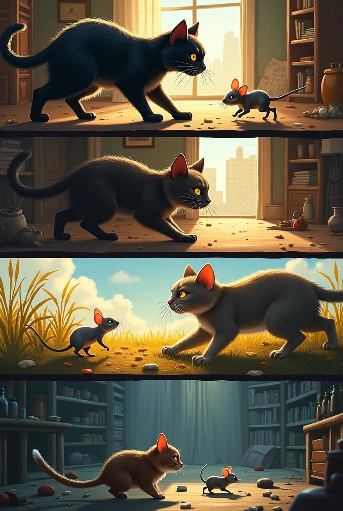 4 Scenes from the cat and mouse fable - SeaArt AI