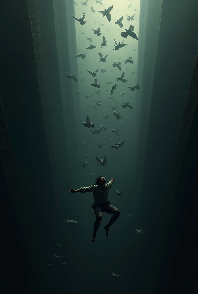 Person falling into the void and birds surrounding his body - SeaArt AI