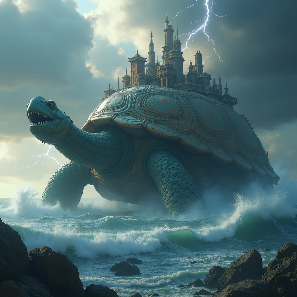 Heavy giant dragon-like turtle, Gorgeous shells, In rough seas - SeaArt AI