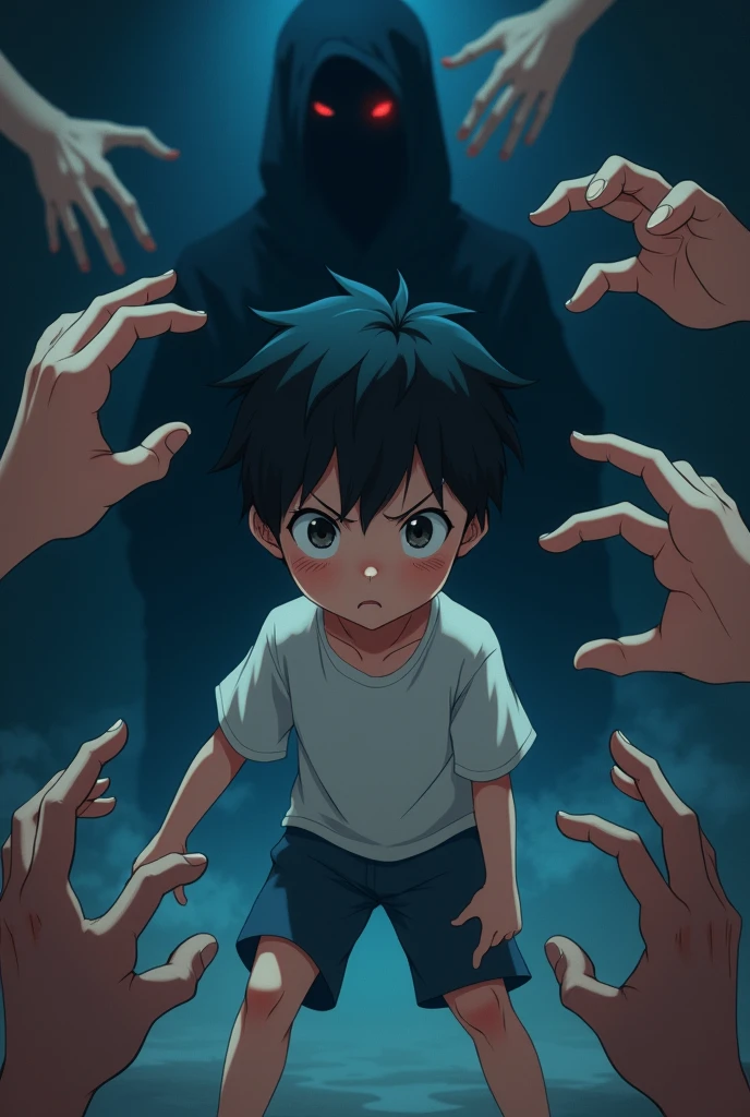 Anime boy lokking at the camera with multiple hands hin him face ...