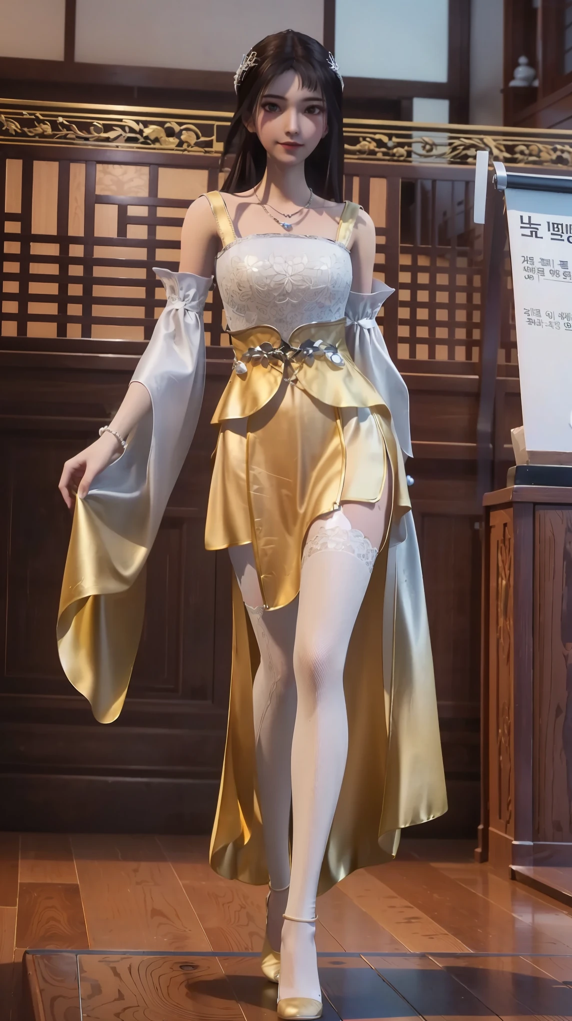 A woman in a white dress and gold dress walking on a wooden floor - SeaArt AI