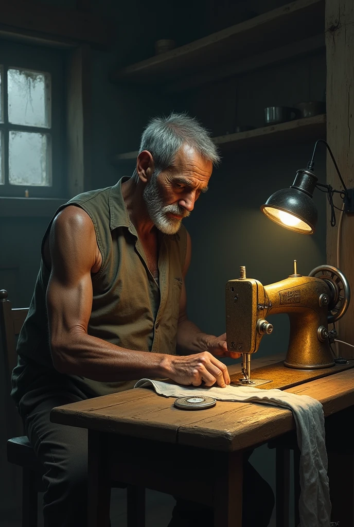 A poor man working on sewing machine - SeaArt AI
