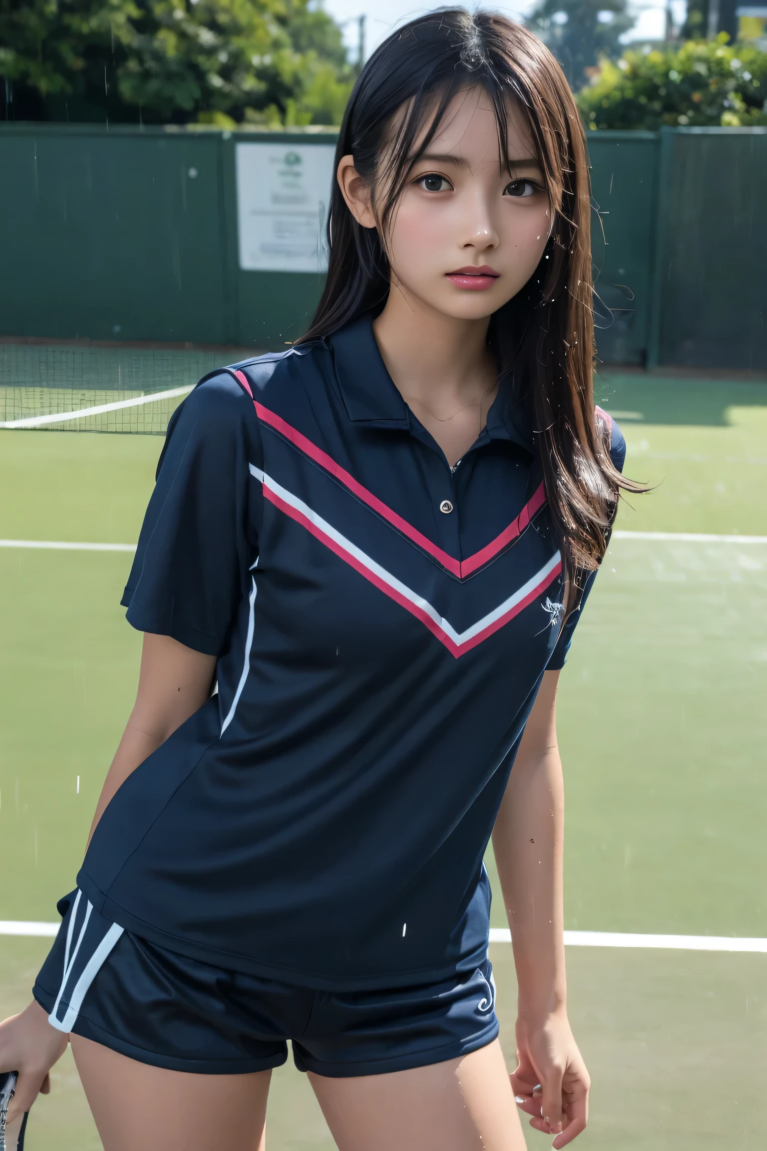 Arafed asian woman in a short sleeved shirt and shorts holding a tennis racket - SeaArt AI