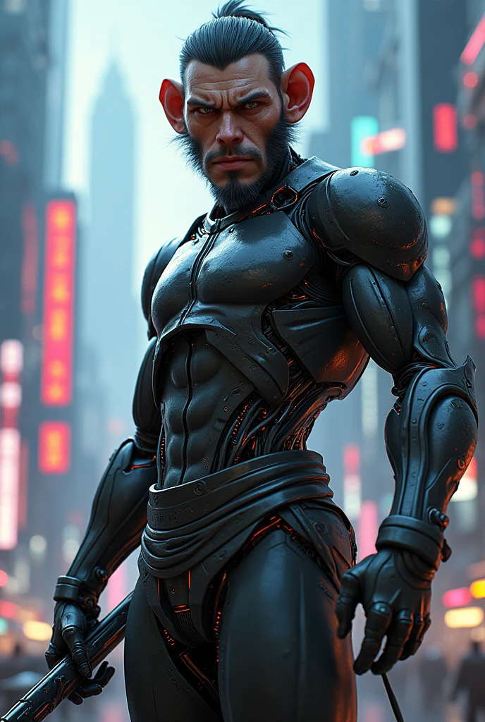 Cyborg handsome wukong with cyberpunk city background, prosthetic hand ...