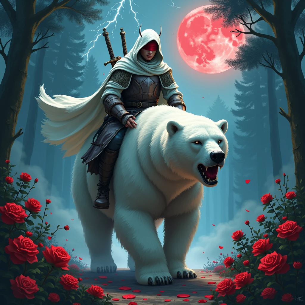 Godlike, in it a male knight with a white hood with bear ears and a ...