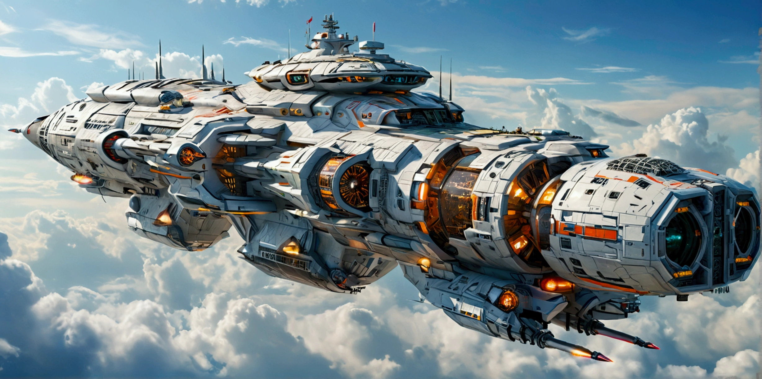 A long wide giant heavily armored divine futuristic flying all terrain ...