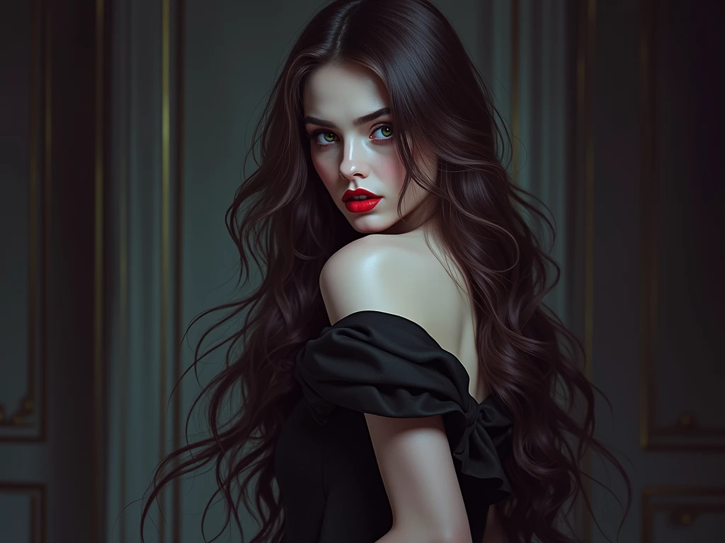 Detailed portrait of a femme fatale, long flowing hair, realistic ...