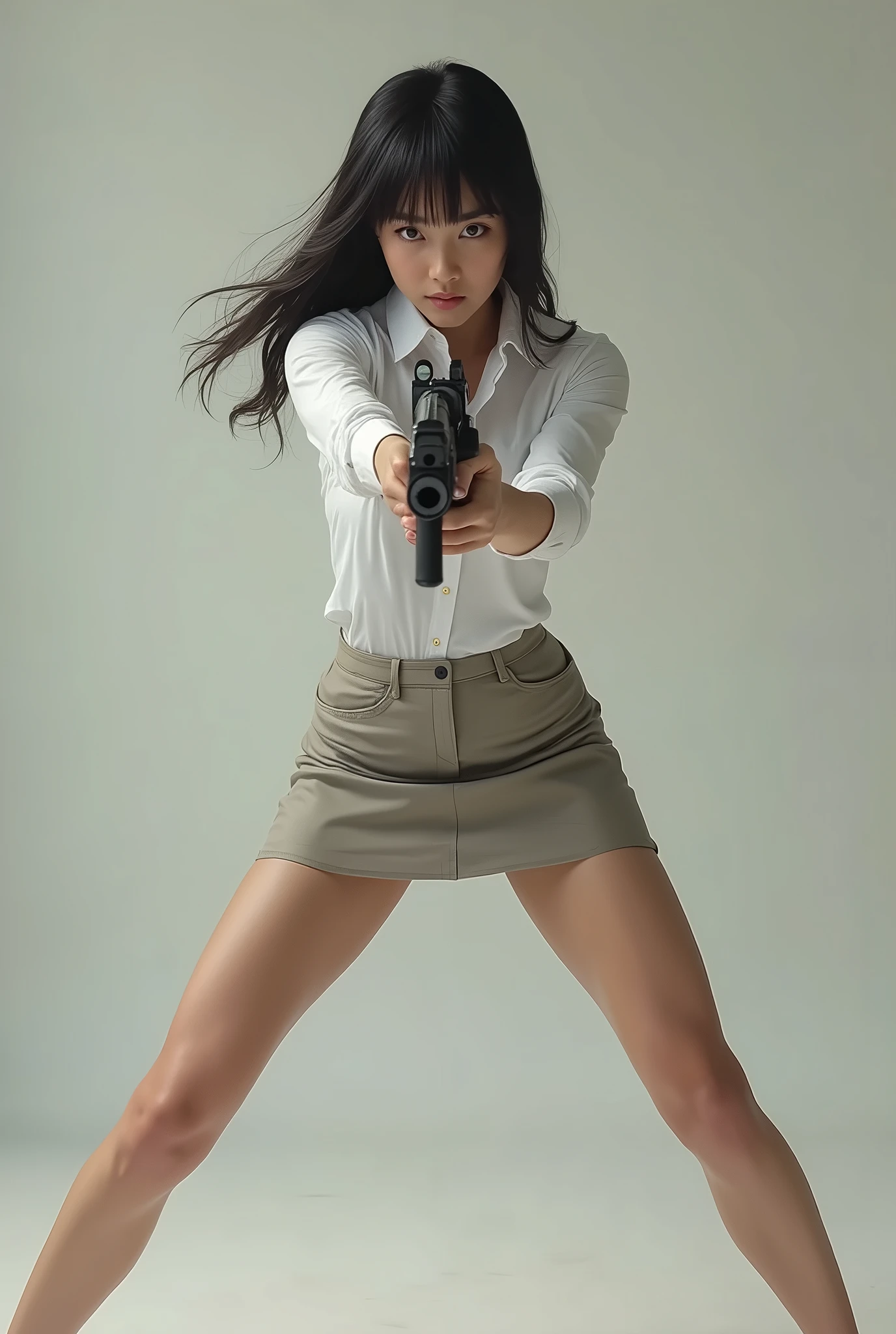 Arafed woman in a skirt holding a gun and pointing it - SeaArt AI