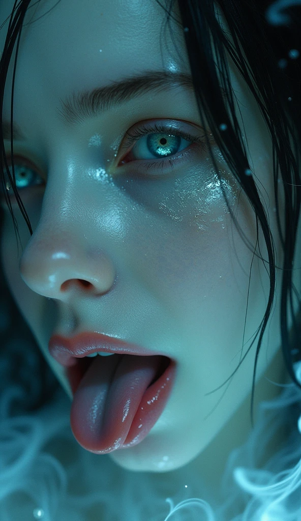 A close-up of a ghostly face, pale, translucent skin and cracks that ...