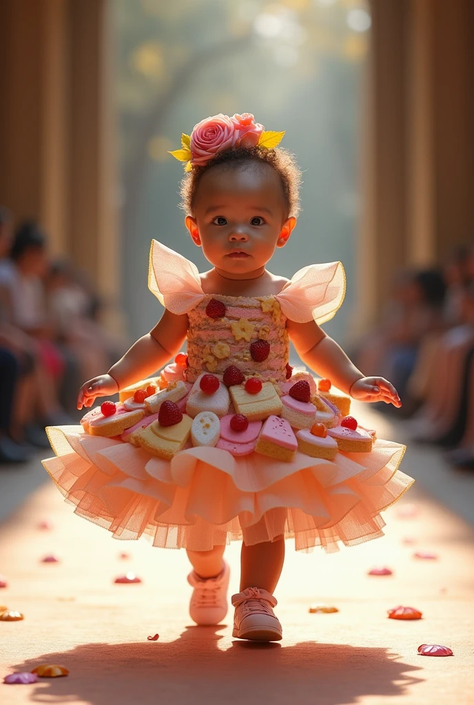 Baby, wearing a dress made of slices of cake, filled with various ...