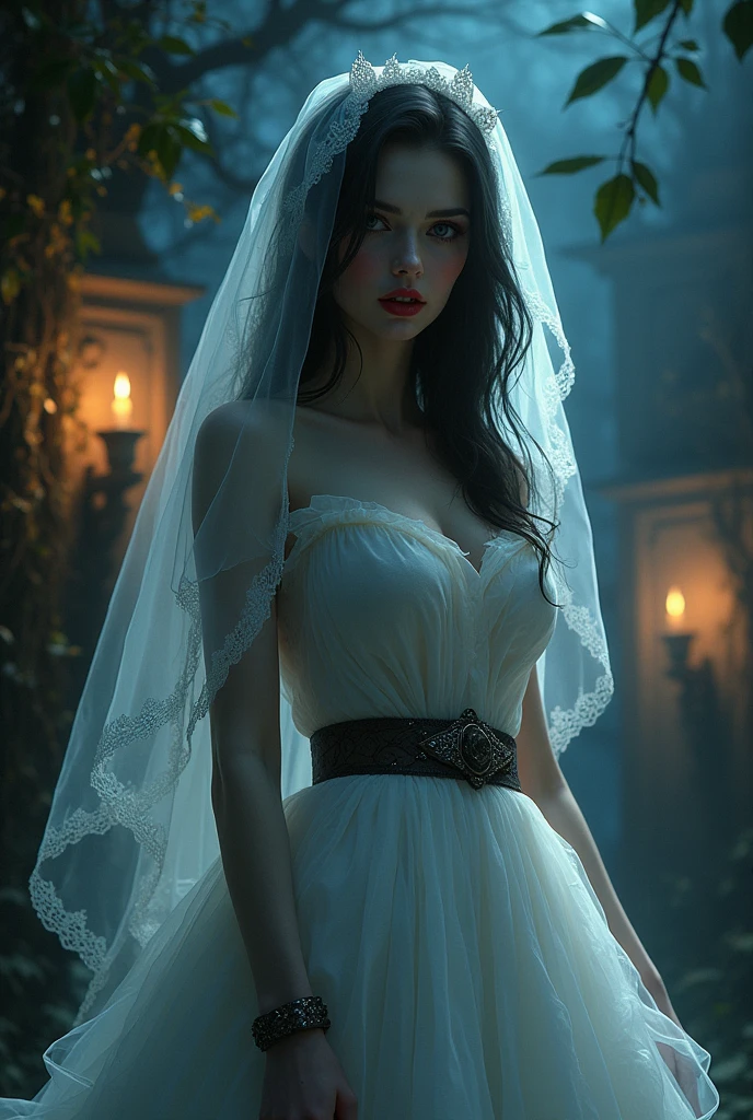 Cold and stormy night , bride with beautiful white veil dress and ...