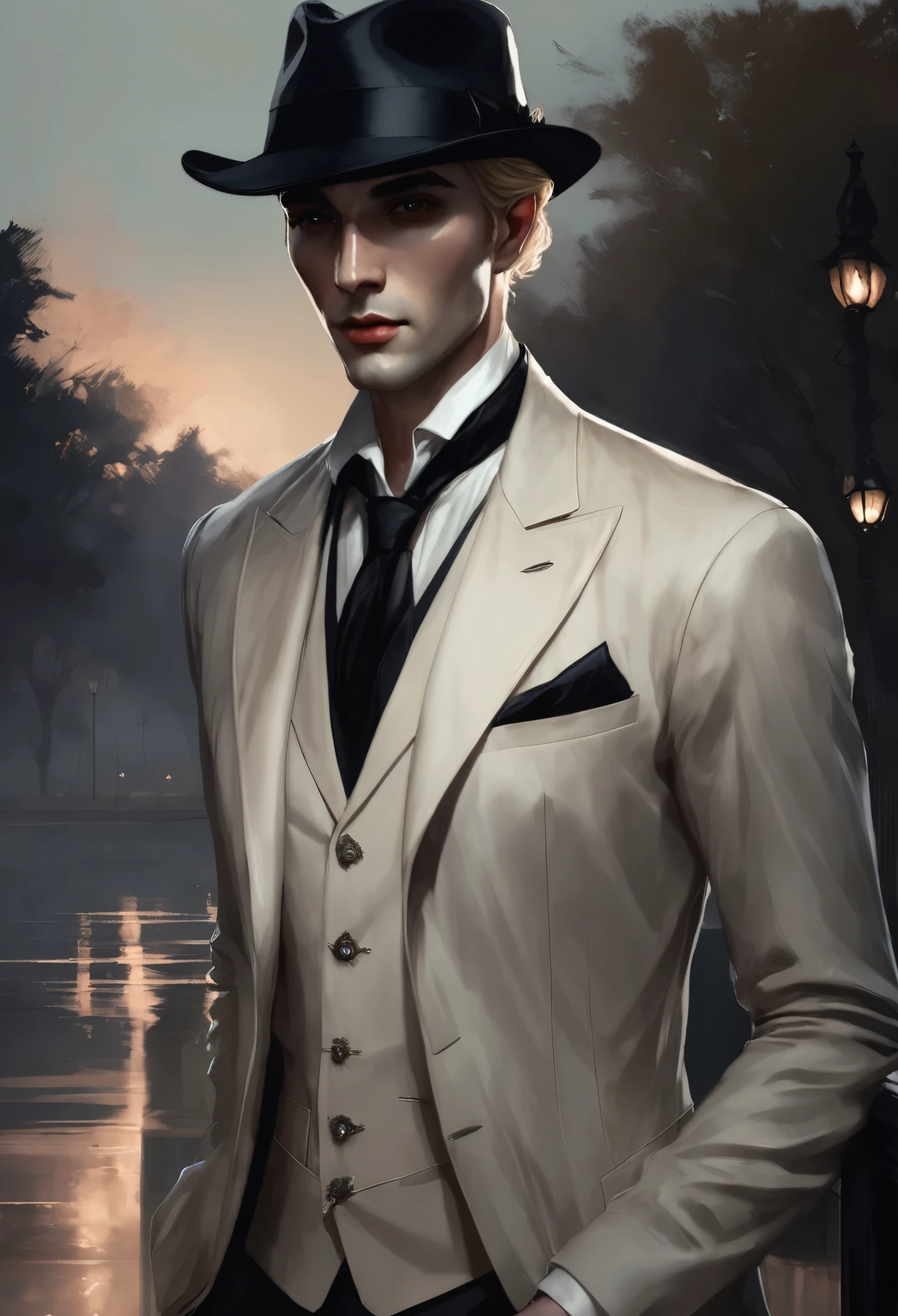 Painting of a man in a suit and hat standing in the rain - SeaArt AI