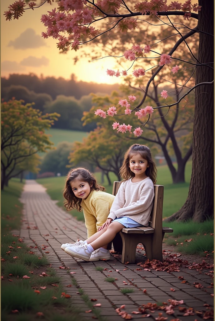 Two little girls sitting on a bench in a park with a tree, a picture by ...