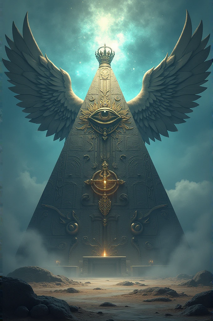 Pyramid with an eye, wings and a crown - SeaArt AI