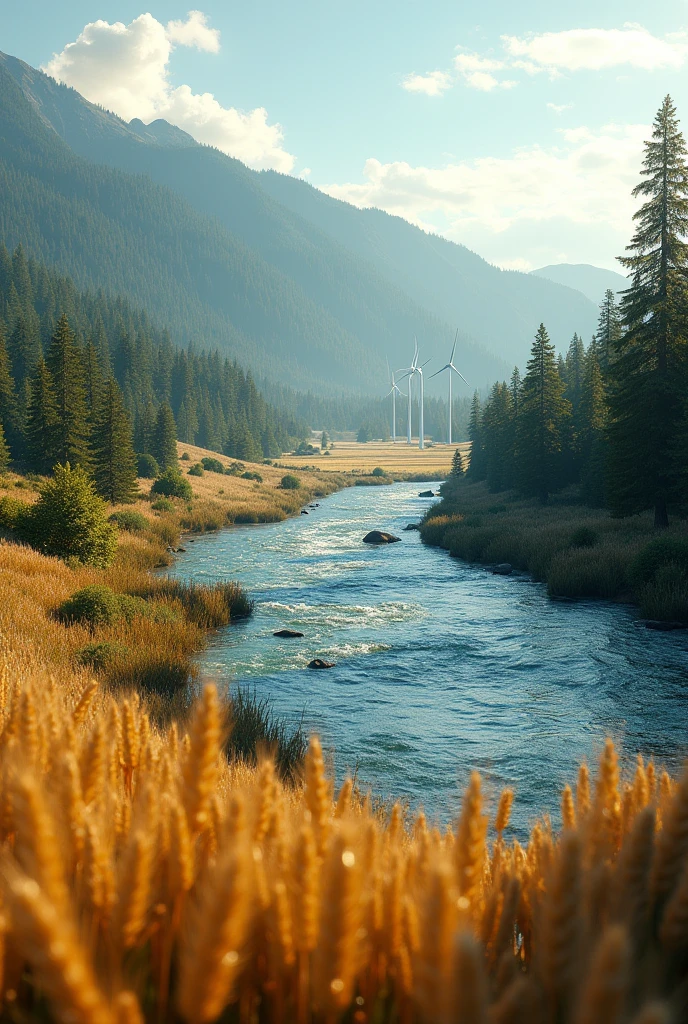 A big river, In the background a forest in southern Chile, and a wind ...