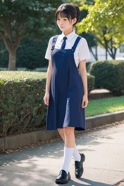 1japanese girl, wearing high school uniform, (navy blue v-neck pinafore ...