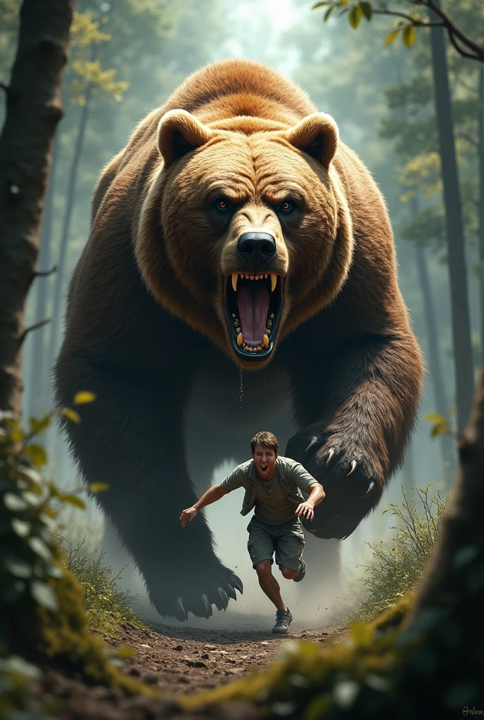 A bear chasing a person - SeaArt AI