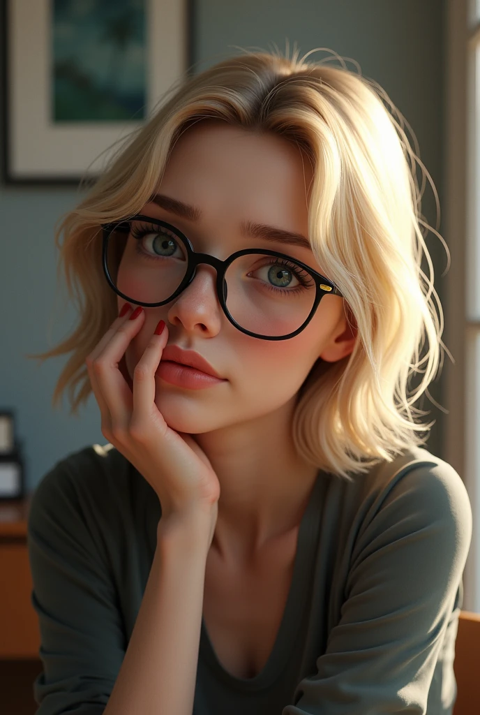 A blonde woman with glasses thinking - SeaArt AI