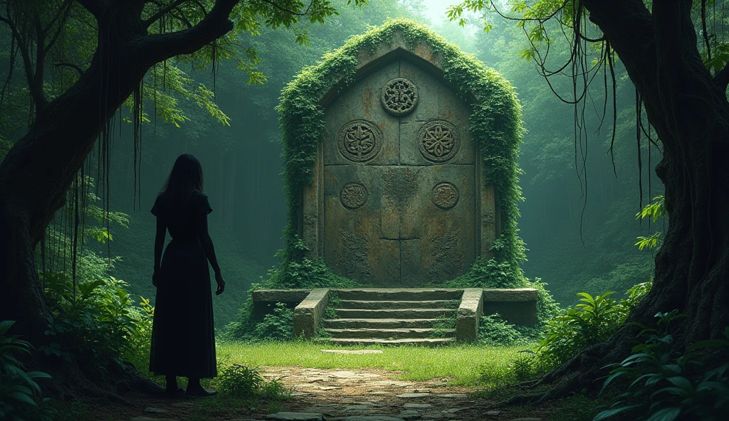 Mysterious stone altar in a jungle clearing, overgrown with vines and ...