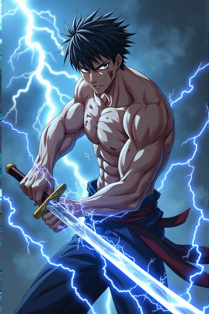 A mascular anime man have cuts on his body holding a lightning sword ...