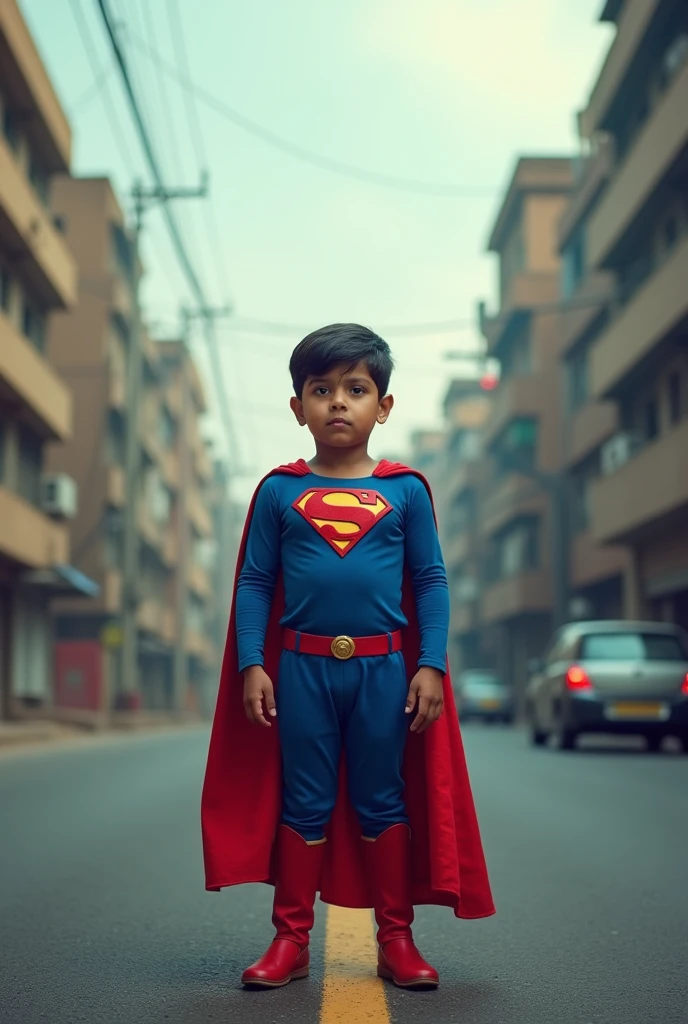 In the middle of a road, an Indian kid, wearing Superman's iconic ...