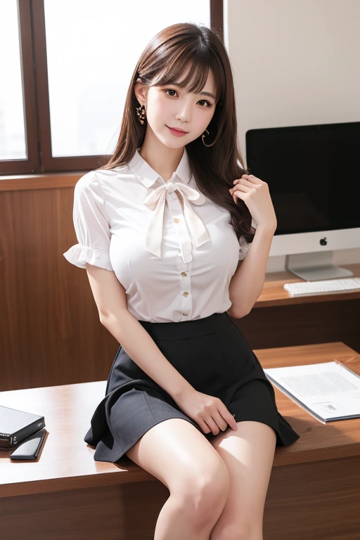高解像度、最高の画質、1人、女の子, OL、30 years old、日本語、かわいい、巨乳、大きな胸、リボンブラウス、短いスカート - SeaArt AI