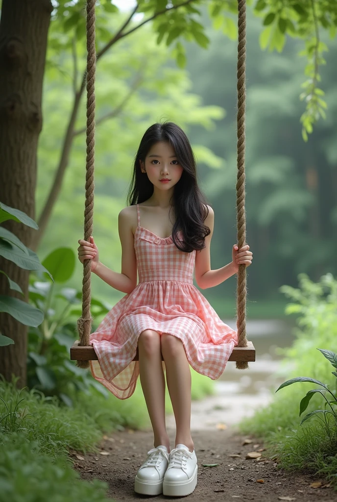 A Young Thai Chubby Woman Sits On A Wooden Swing In A Lush Green