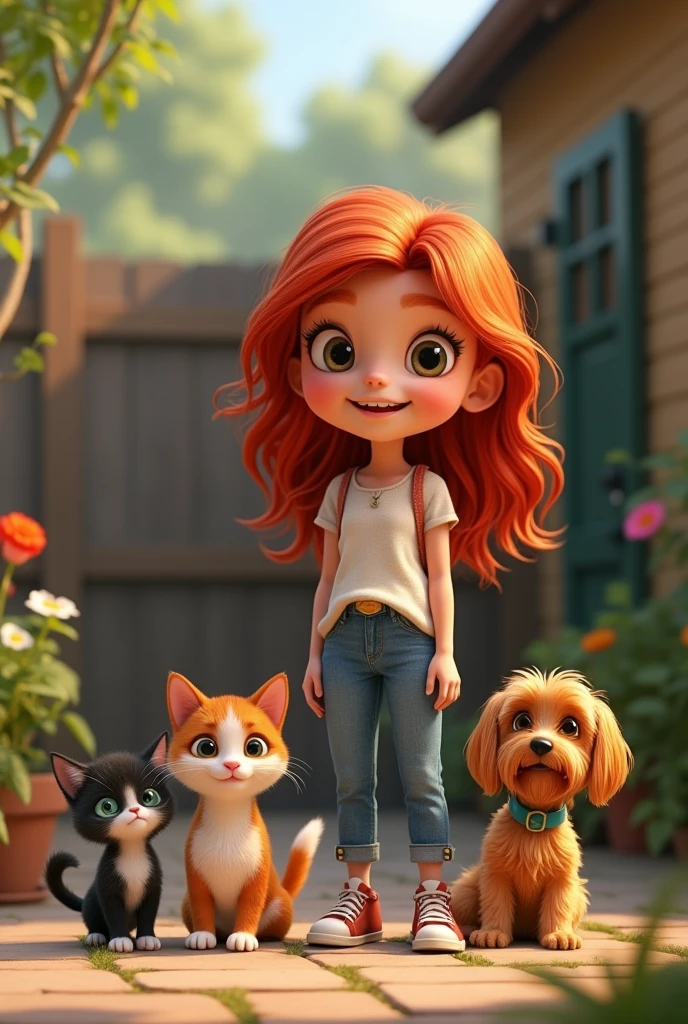 Help me create an animated pixar photo of a redhead girl with big hips ...