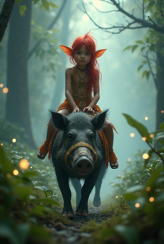 An indigenous girl with red hair, dressed as an Indian, pointy elf ears ...