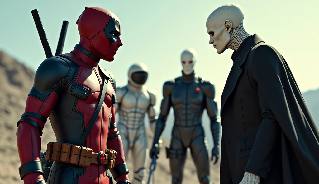 1 Astronaut guy, 1 Deadpool guy and 1 Slenderman with black suit vs 1 black man - SeaArt AI
