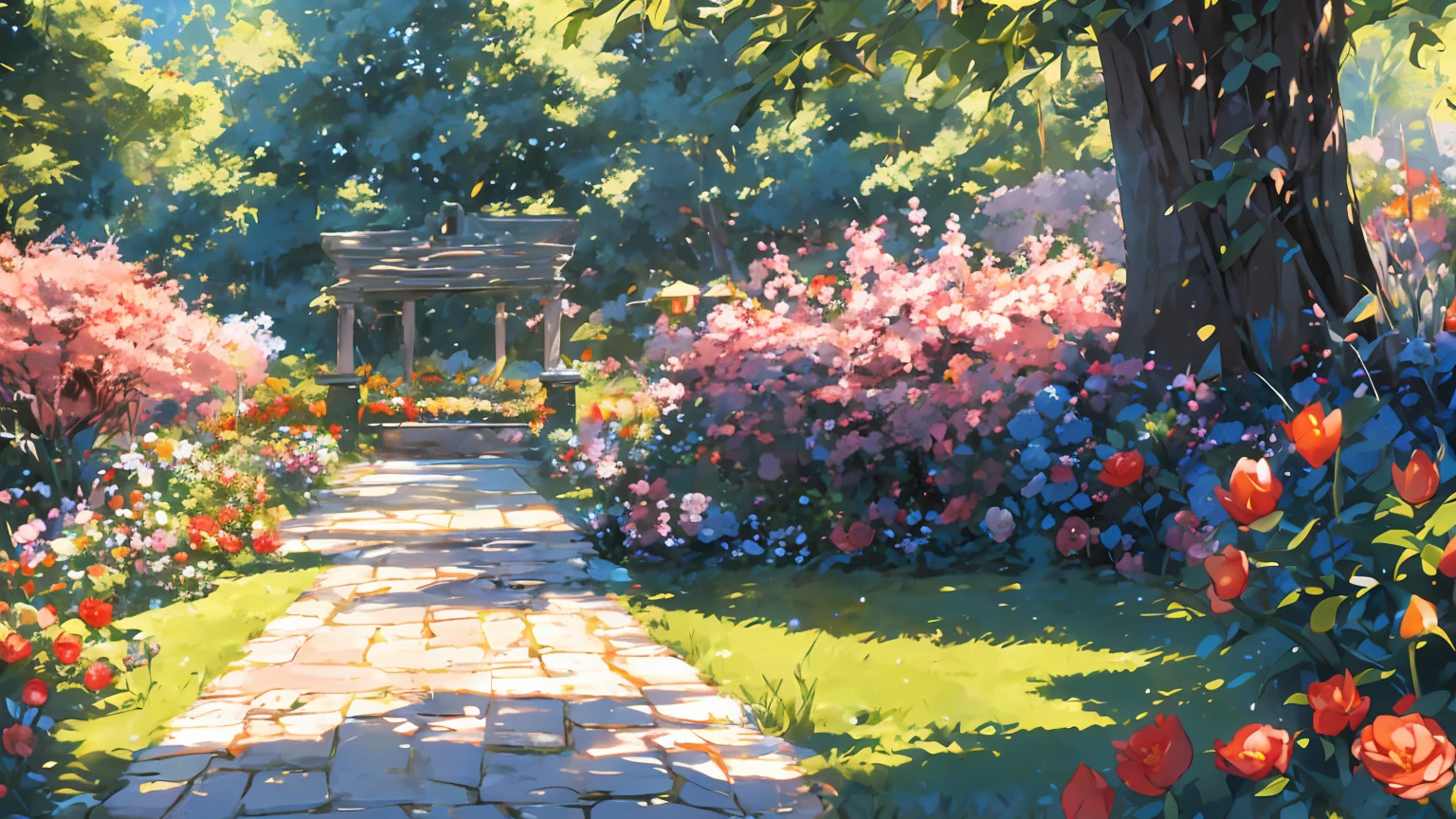 A colorful summer garden, filled with blooming flowers and vibrant ...