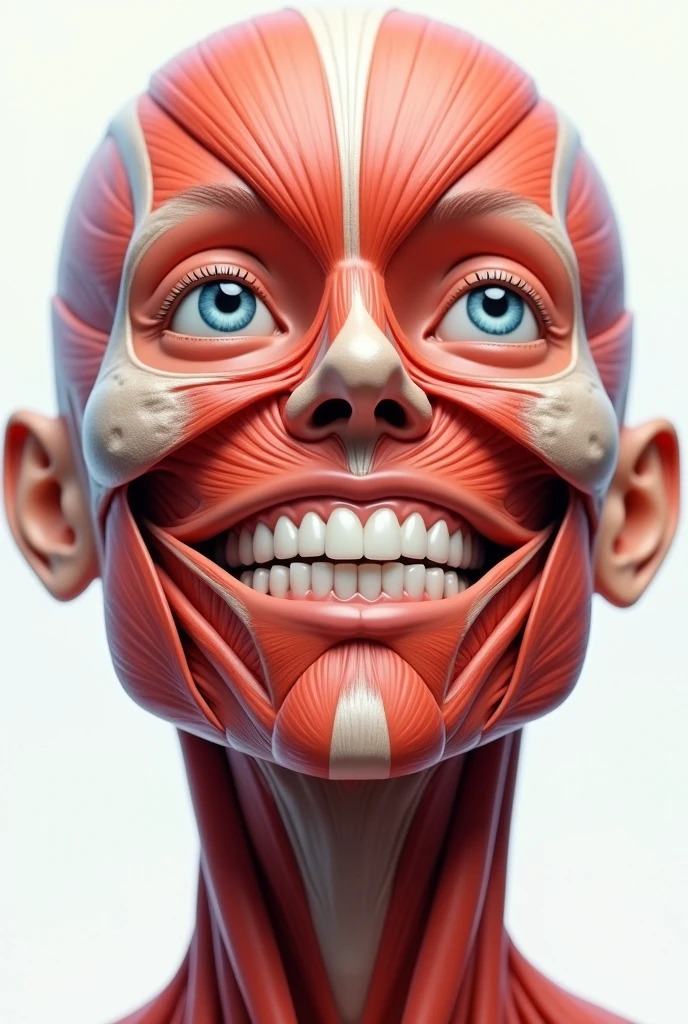 Facial muscles smiling and looking up and to the left side without skin ...