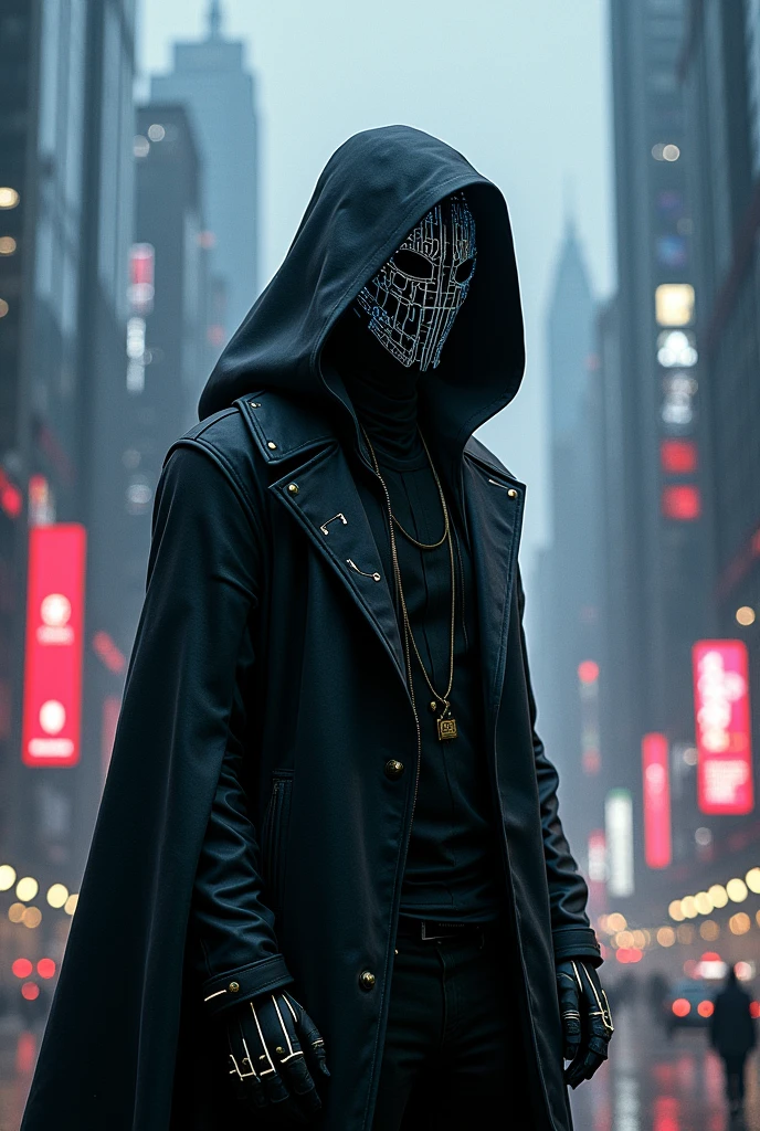 A realistic cypherpunk character standing in front of a sprawling ...