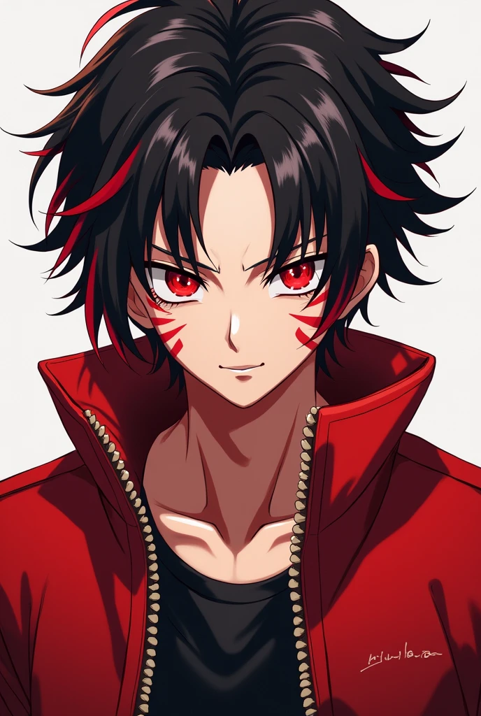 Black haired anime boy with red streaks in his hair with red marks on the left s - SeaArt AI