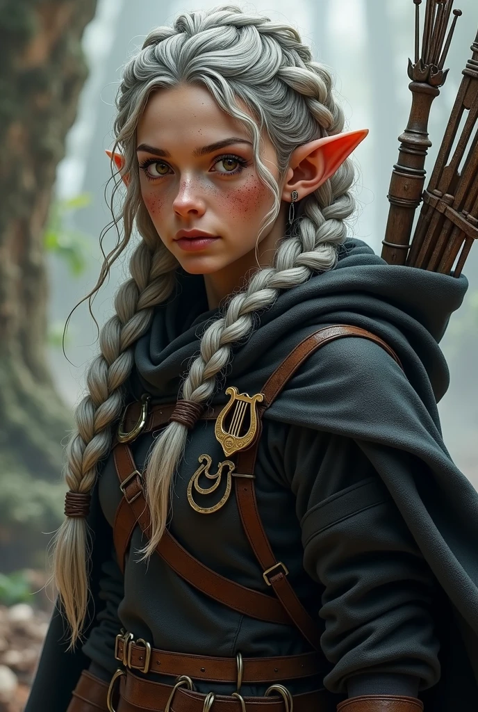 A female halfling whose braided hair is white and black. She is wearing ...