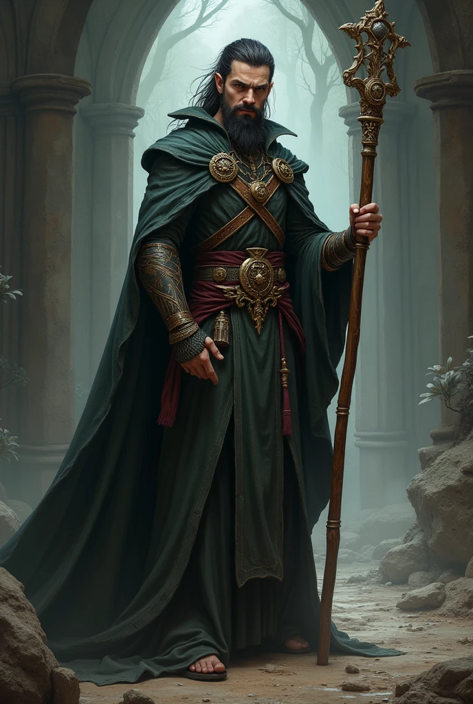 Monge, half elf, with wooden staff, with a full dark goatee - SeaArt AI