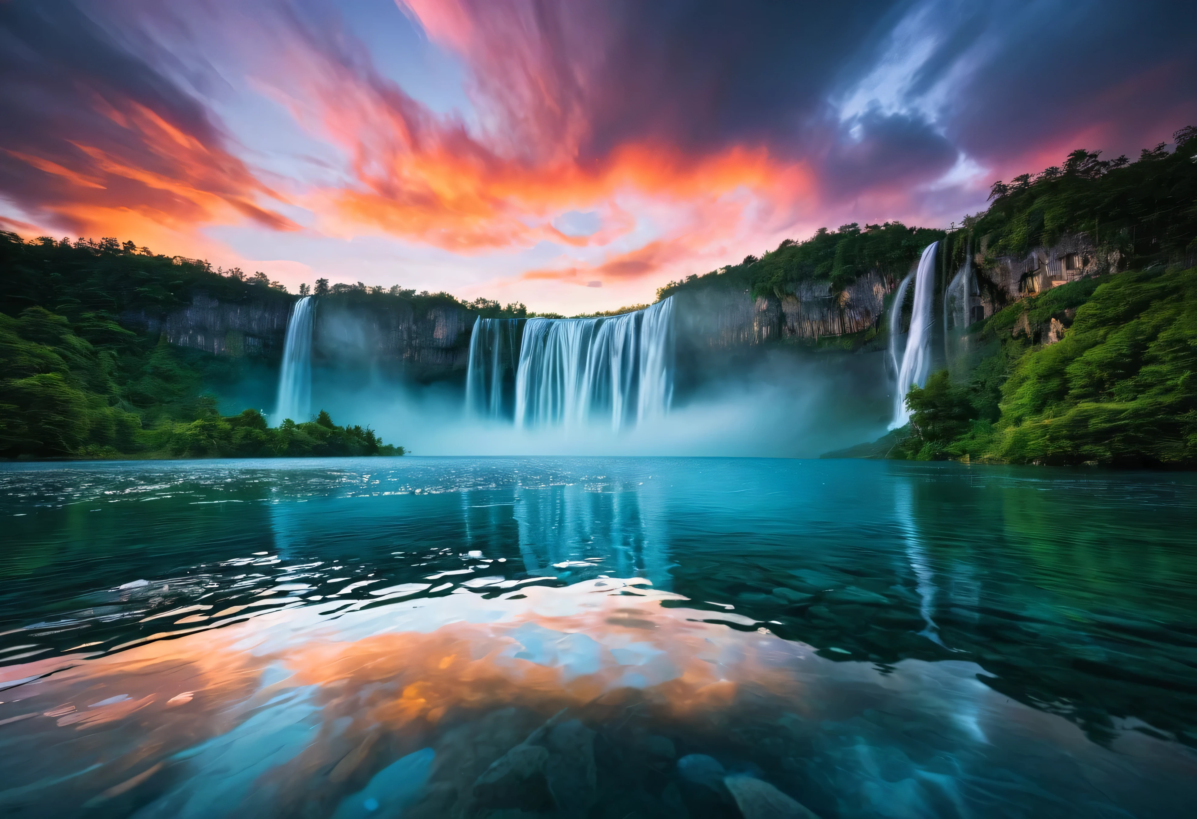 A view of a waterfall with a colorful sky in the background - SeaArt AI