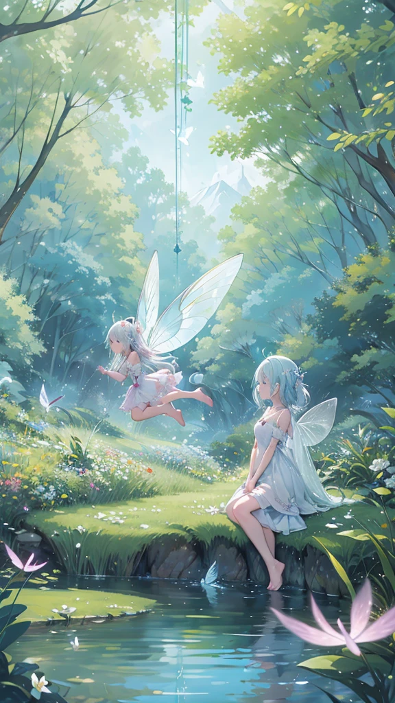 Floating fairies with fluttering wings in a mystical forest landscape ...