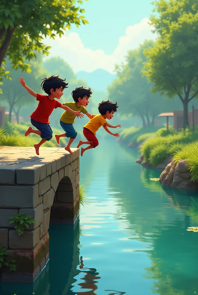 Pakistani children diving from small bridge of canal right angle ...