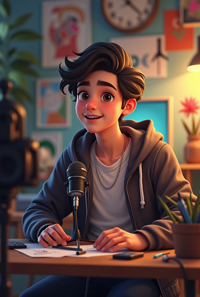 A boy teenager who set on his studio in front camera with a mic and ...