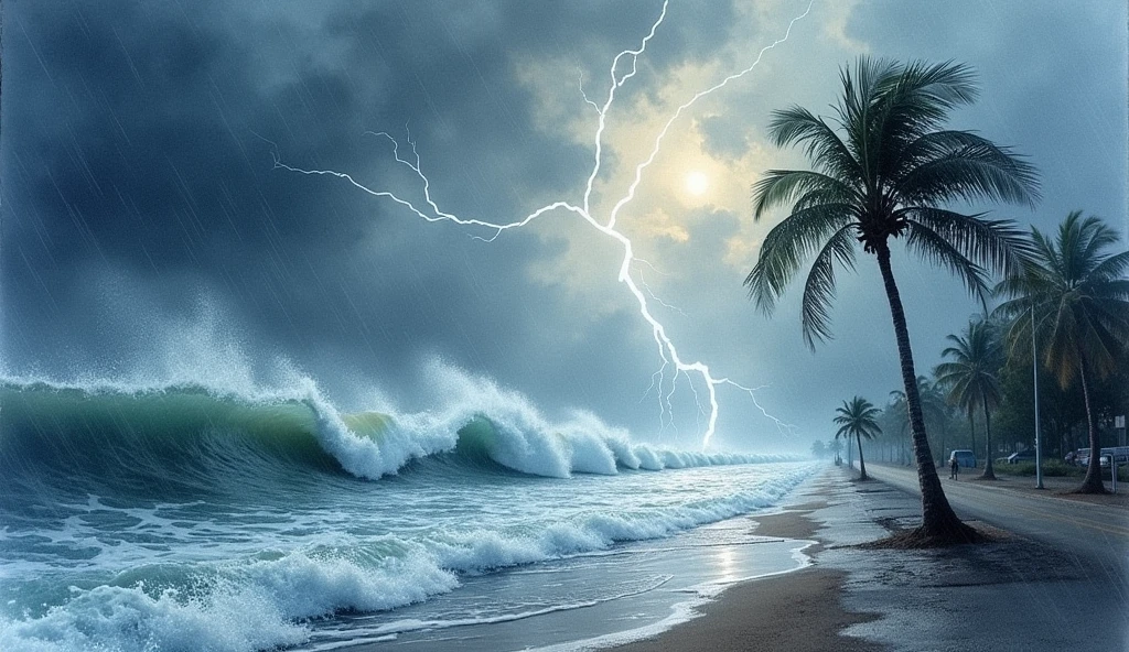 Typhoon. Watercolor painting. Swirling winds. Dark storm clouds - SeaArt AI