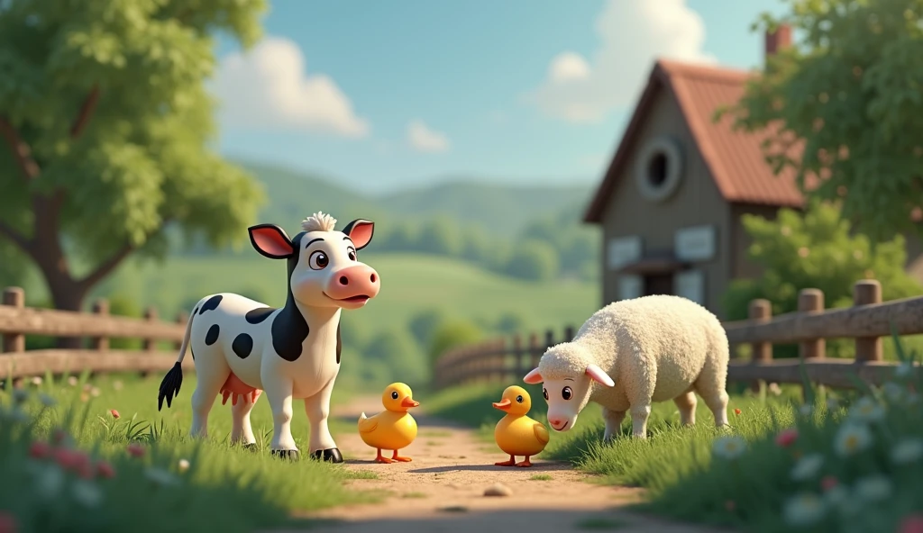 A cow, a yellow duck, a sheep outside the farm - SeaArt AI