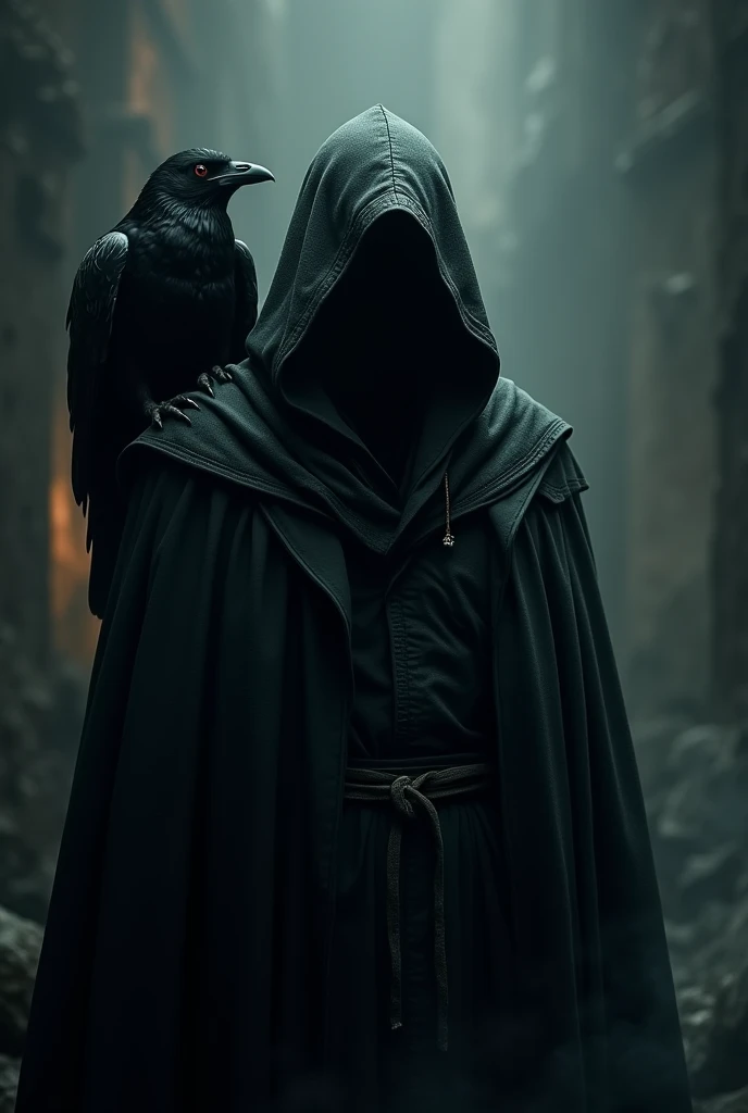 Mysterious man, dark theme, with a hood, scary big raven on his ...