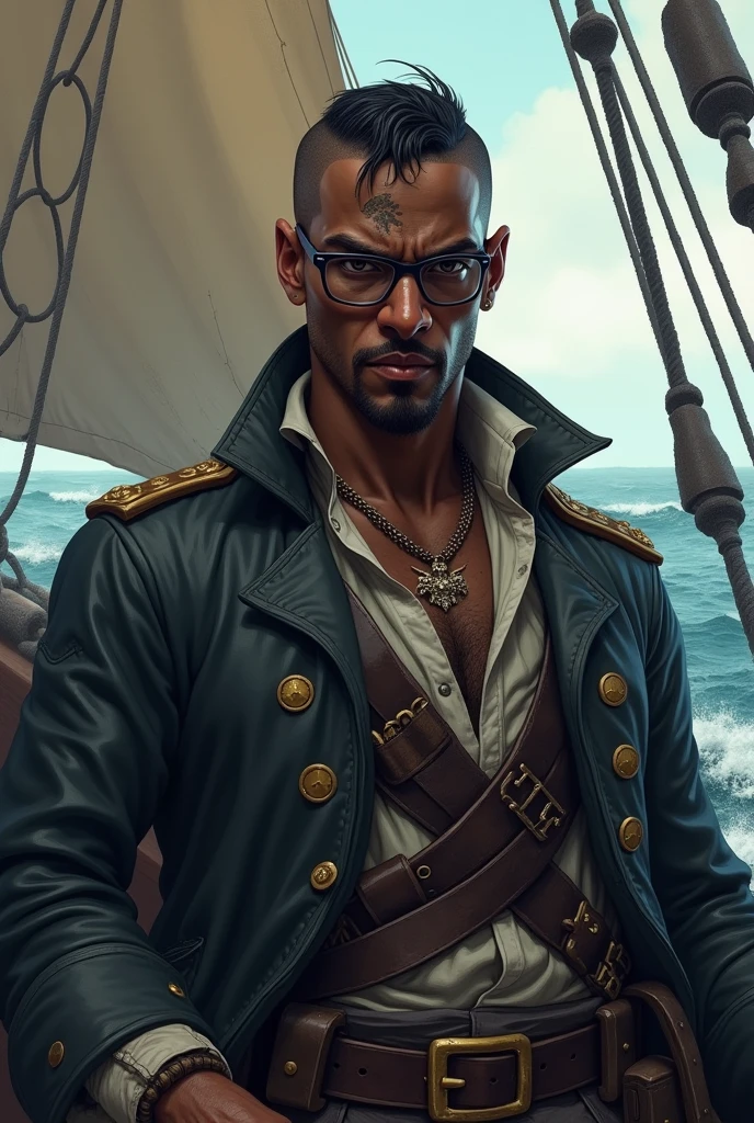 A pirate, black male , Cao Cao , tattoo in face , shorth hair - SeaArt AI