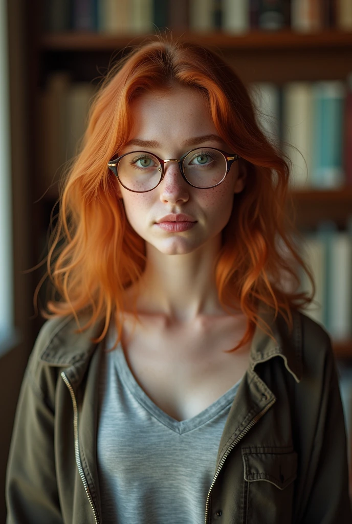 A beautiful young woman with freckles on her face, redhead, wearing ...
